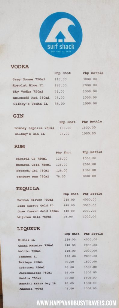 Surf Shack 26 - Drinks Menu - Happy and Busy Travels to La Union ...